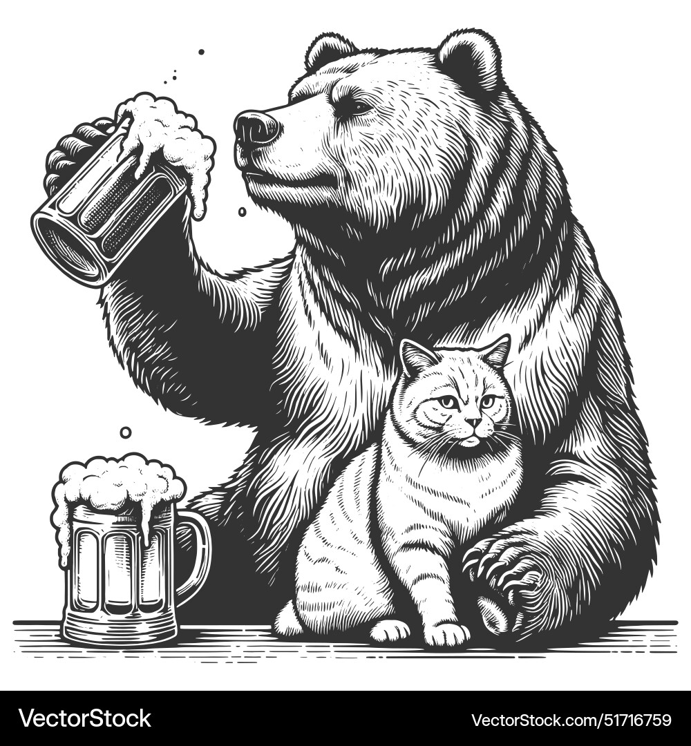 Bear drinking beer with cat engraving Royalty Free Vector