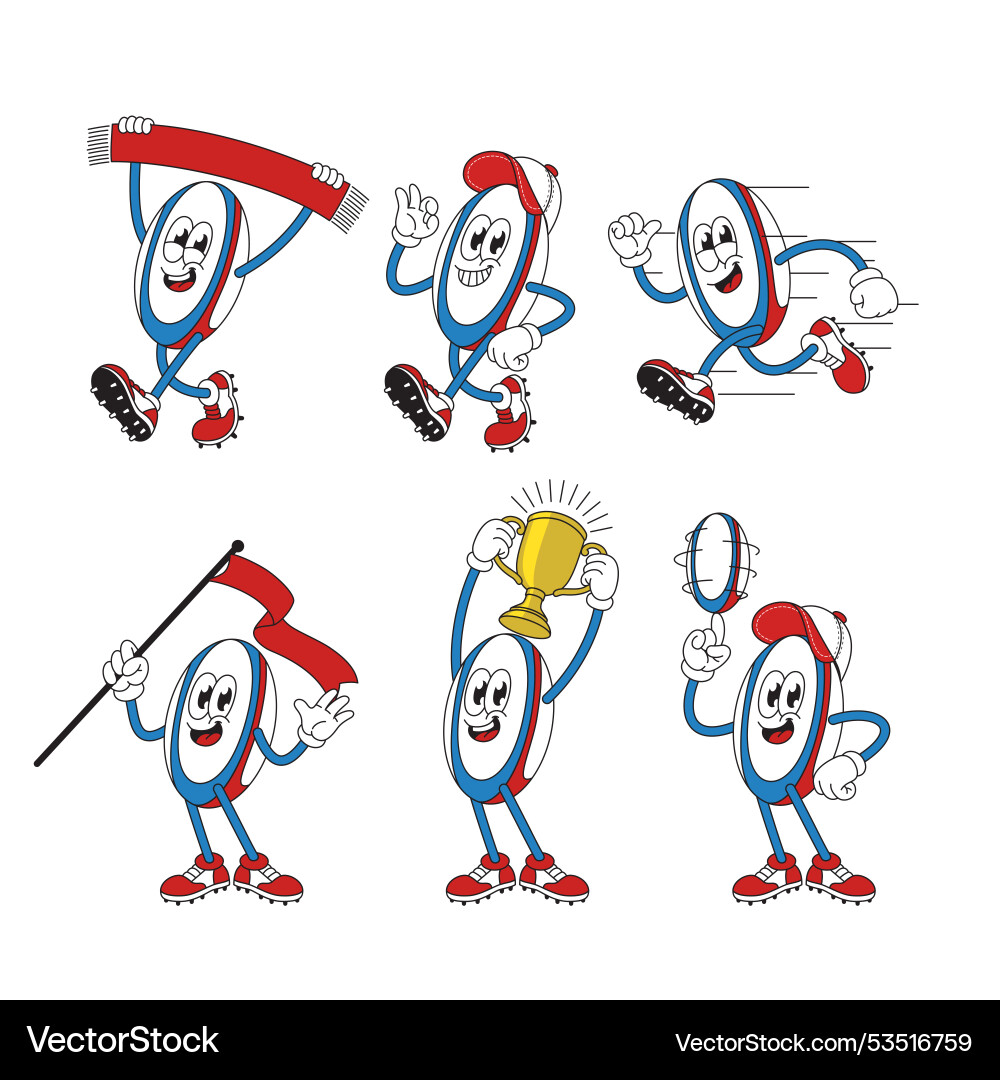 Happy rugby cartoon character set collection Vector Image