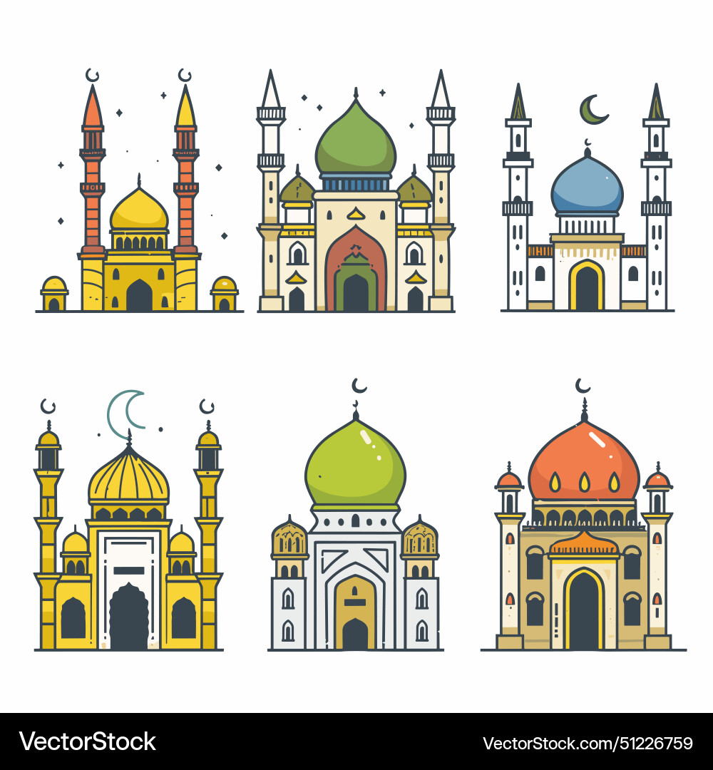 Six colorful mosque domes minarets Royalty Free Vector Image