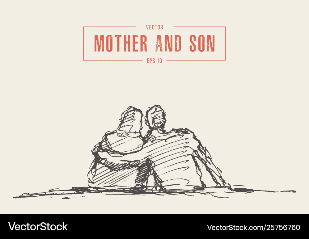 Mother and son sit hugging hand draw sketch Vector Image