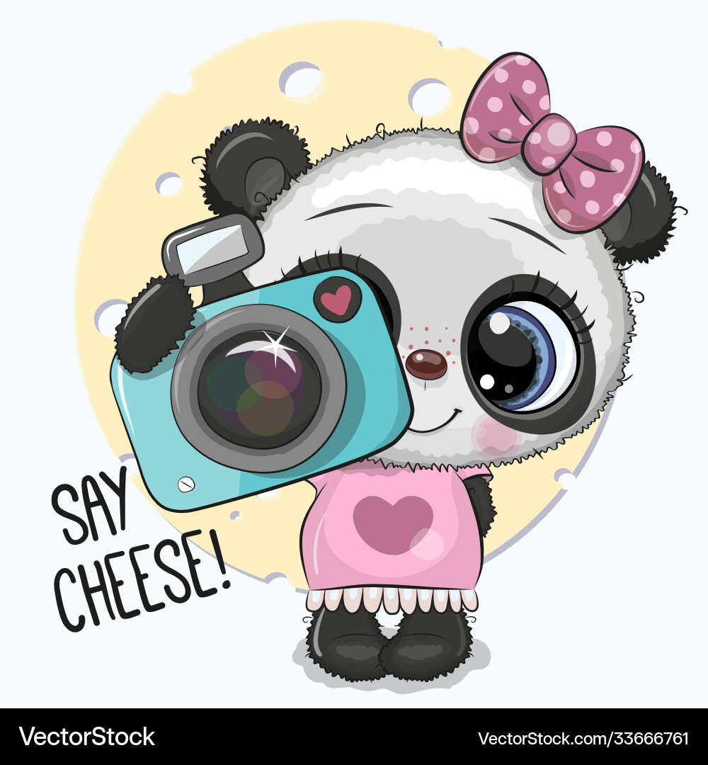 Cartoon panda with a camera on blue background Vector Image