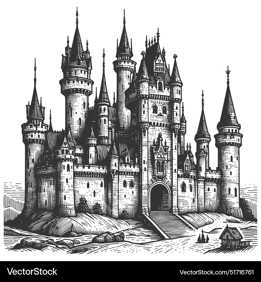 Medieval castle engraving Royalty Free Vector Image