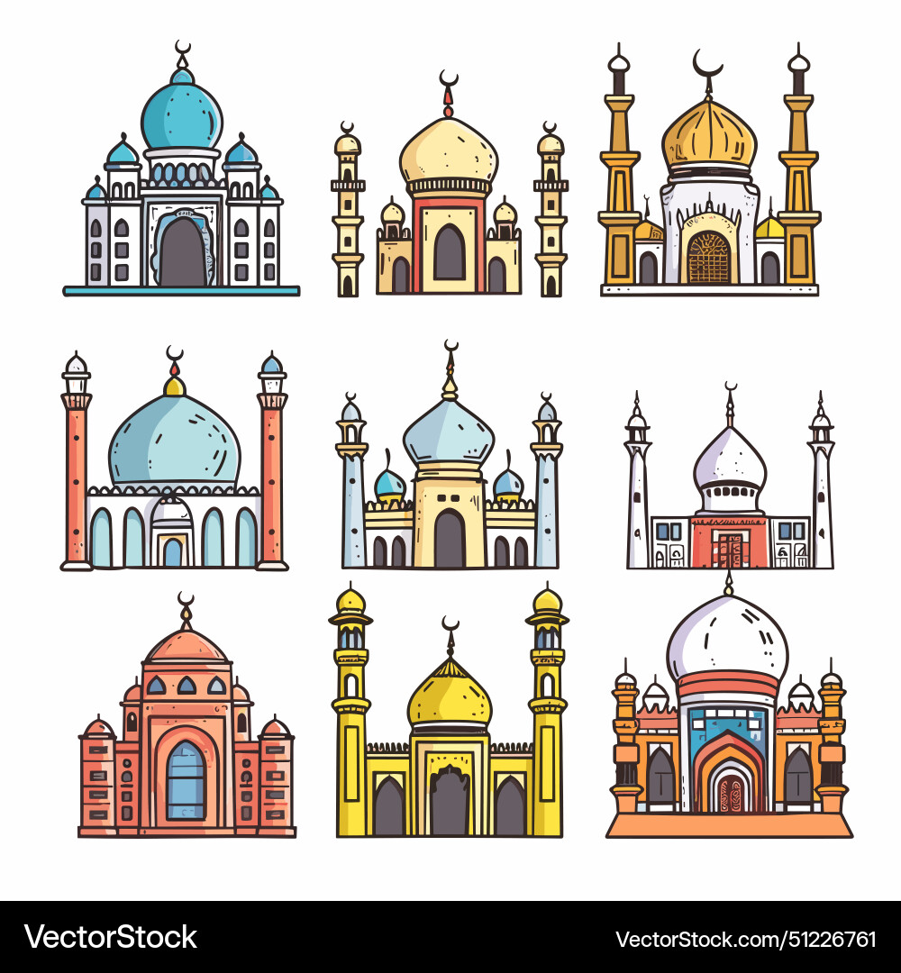 Set colorful mosque showing islamic Royalty Free Vector