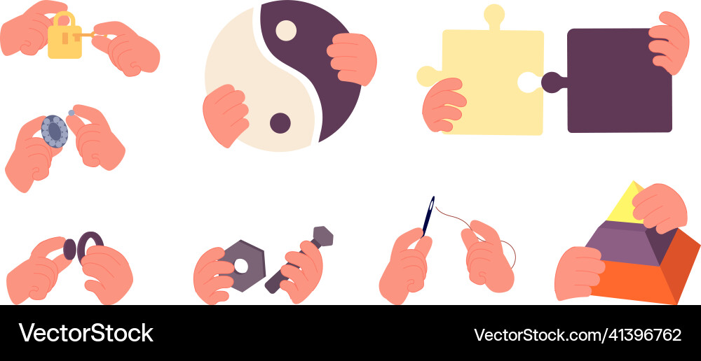 Hands collect different elements teamwork Vector Image