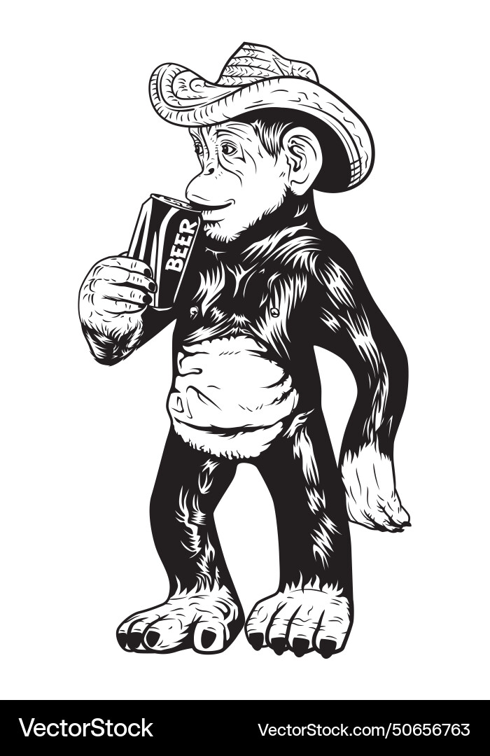 Beer drinking monkey with a cowboy hat Royalty Free Vector