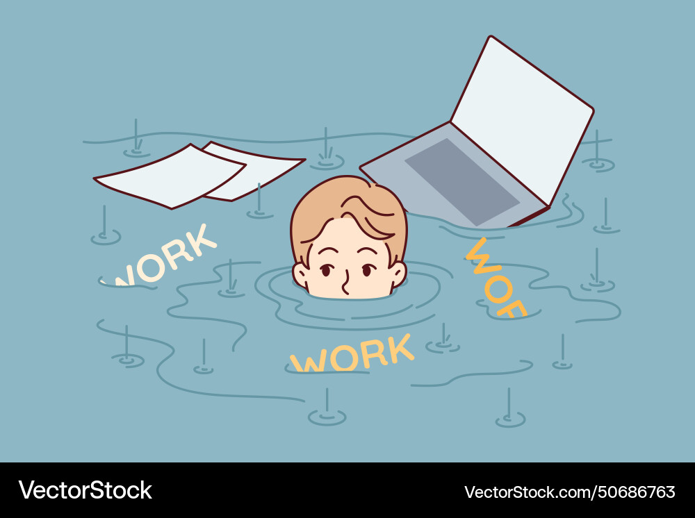 Man drowning in work with documents and laptop Vector Image