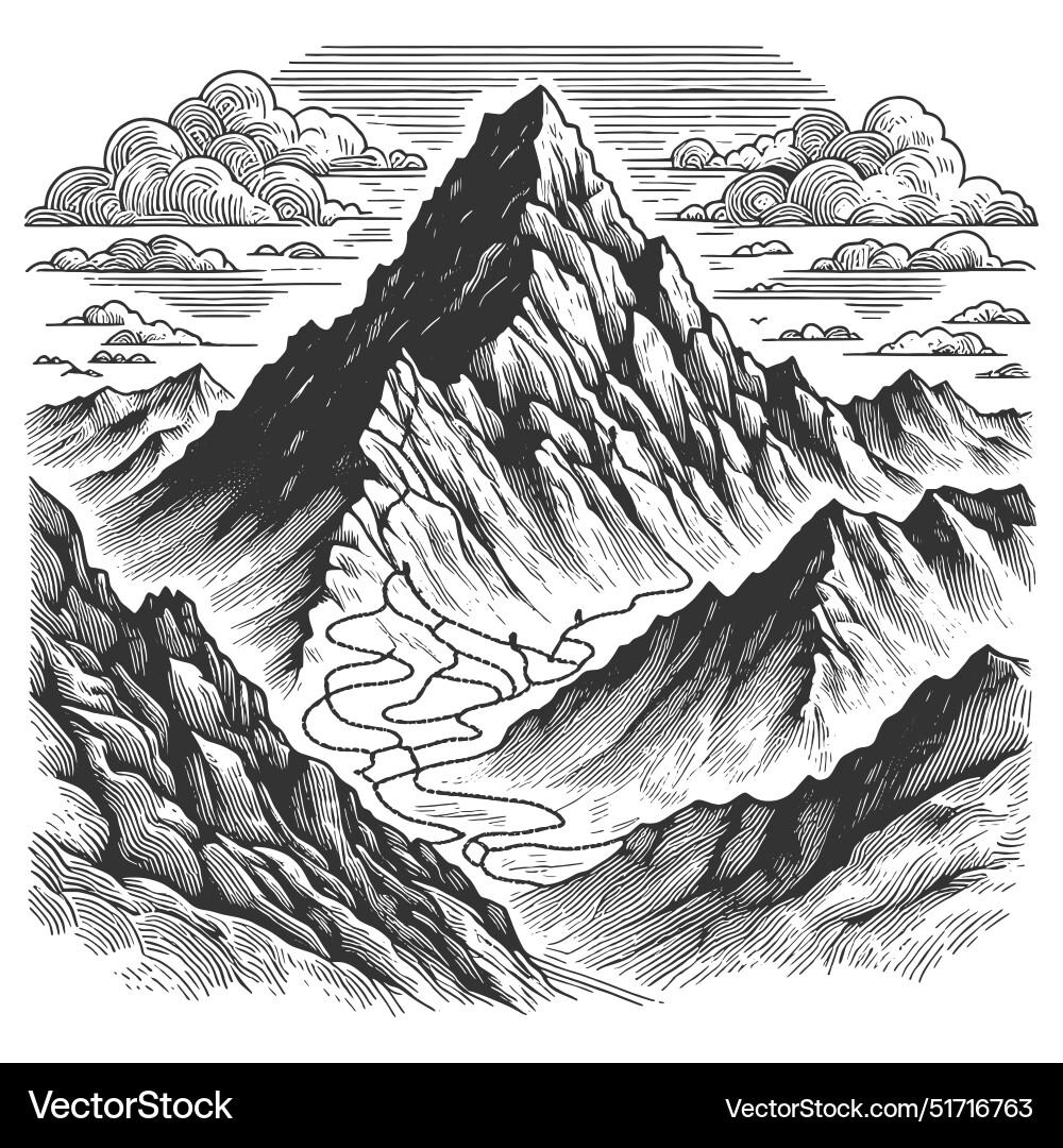 Mountain landscape with forest engraving Vector Image