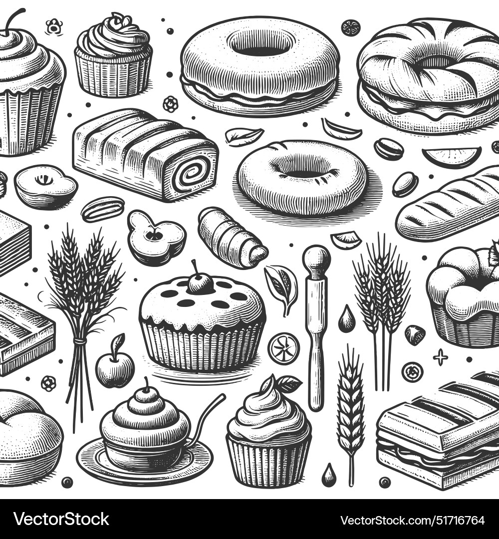Assorted baked goods sketch Royalty Free Vector Image