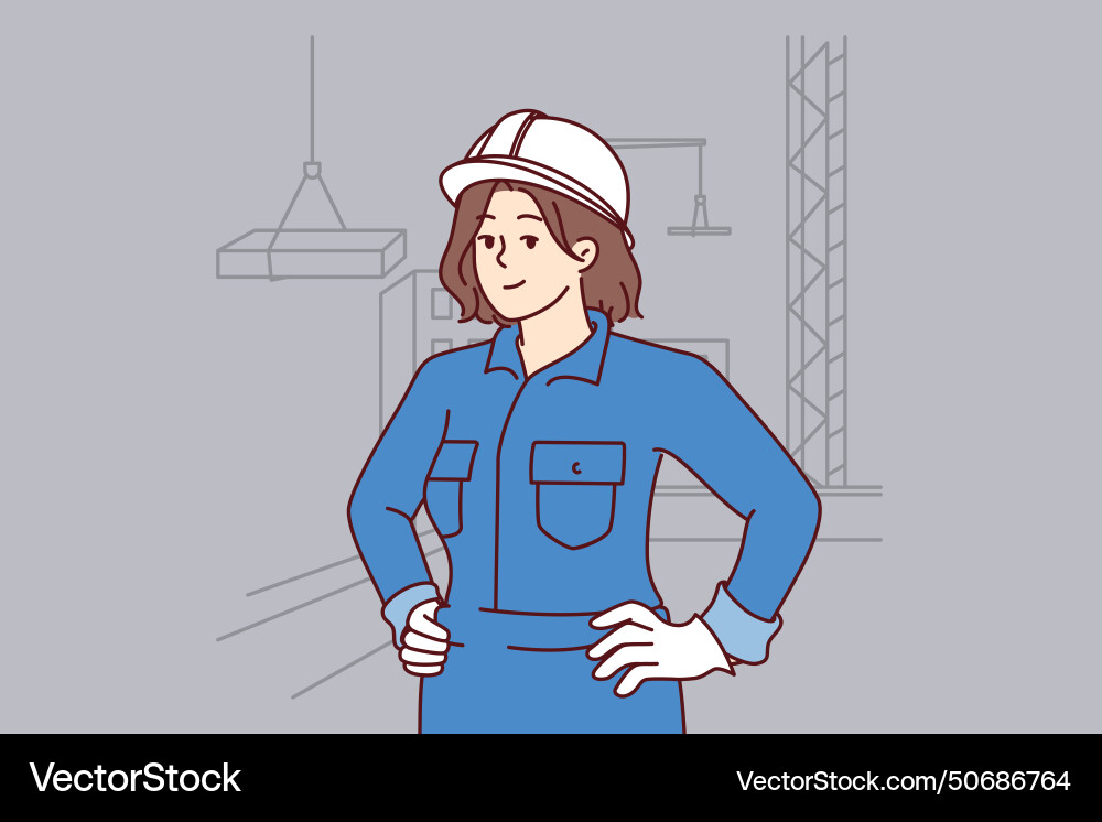 Woman builder stands on construction site near Vector Image