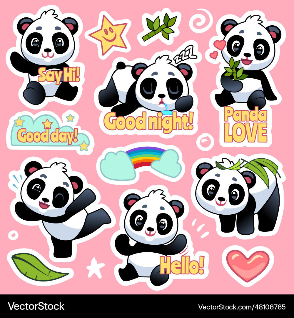 Cute panda stickers happy bears expression Vector Image