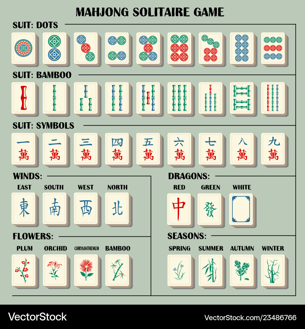 Complete mahjong set with explanations symbols Vector Image