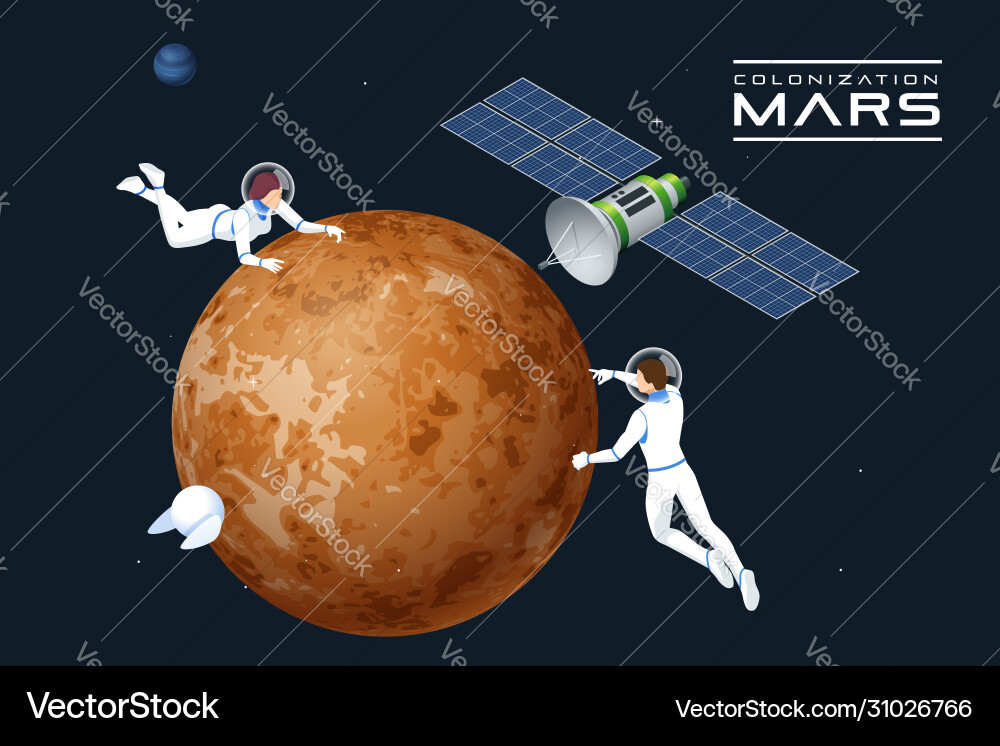 Isometric astronauts in orbit mars Royalty Free Vector Image