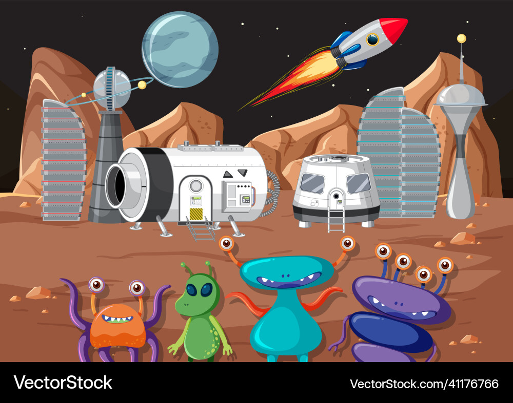 Outer space planet with aliens in cartoon style Vector Image