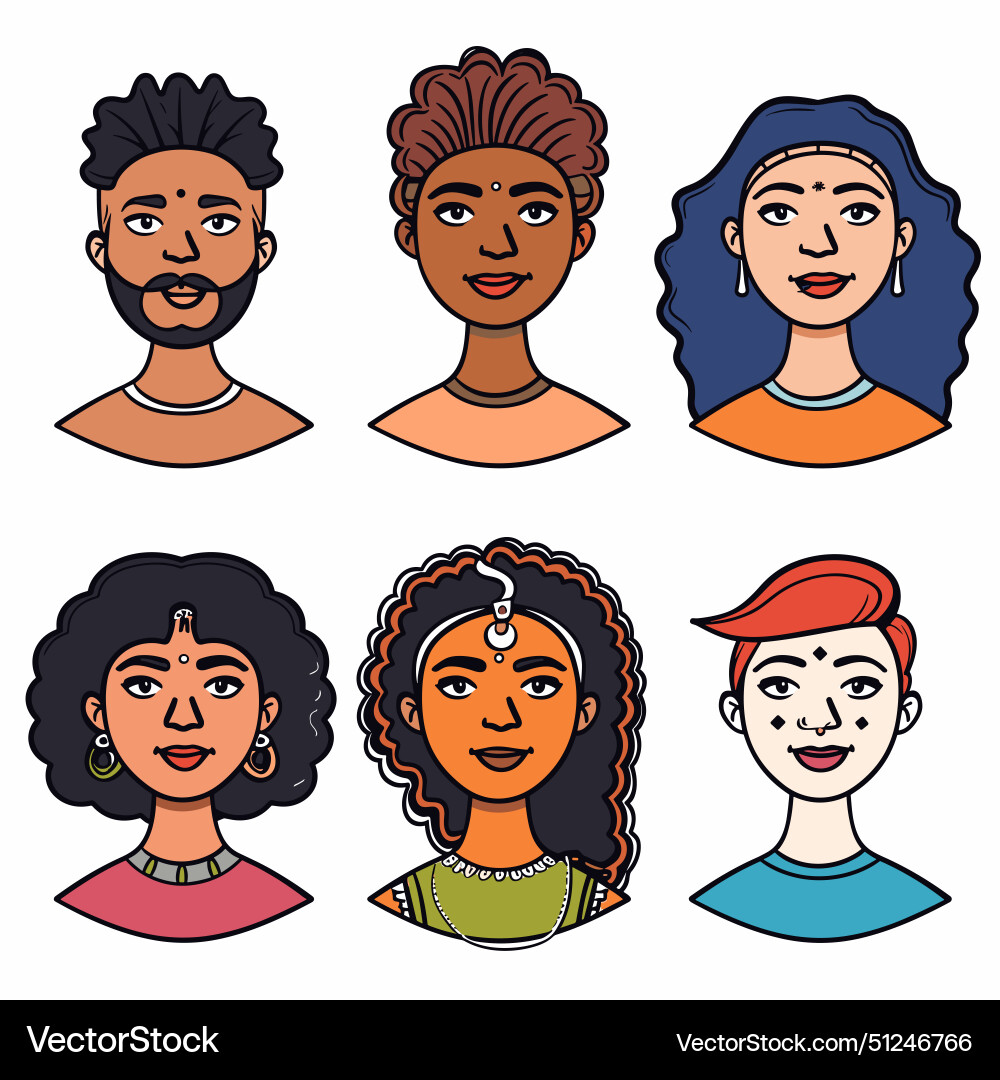 Six diverse portraits top row african Royalty Free Vector