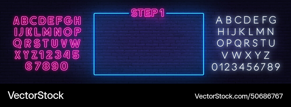 Neon step 1 sign in a frame on brick wall Vector Image