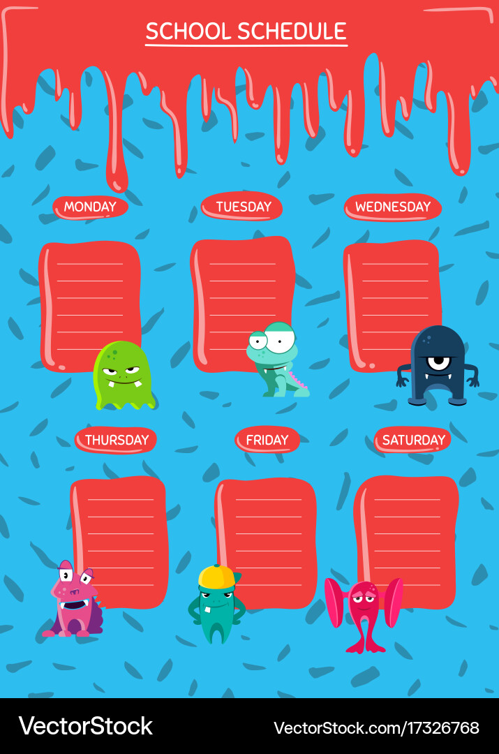 School schedule with cartoon monsters Royalty Free Vector