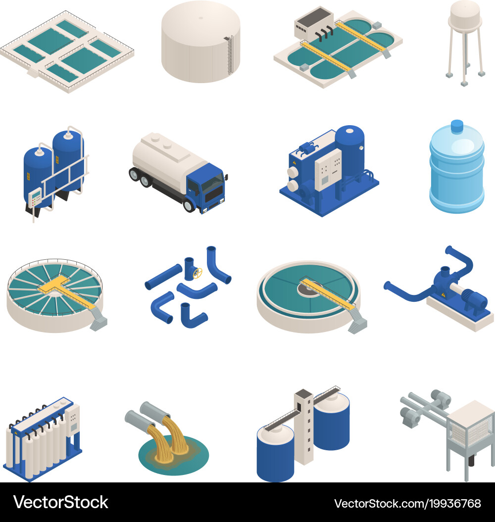 Wastewater purification isometric icons set Vector Image