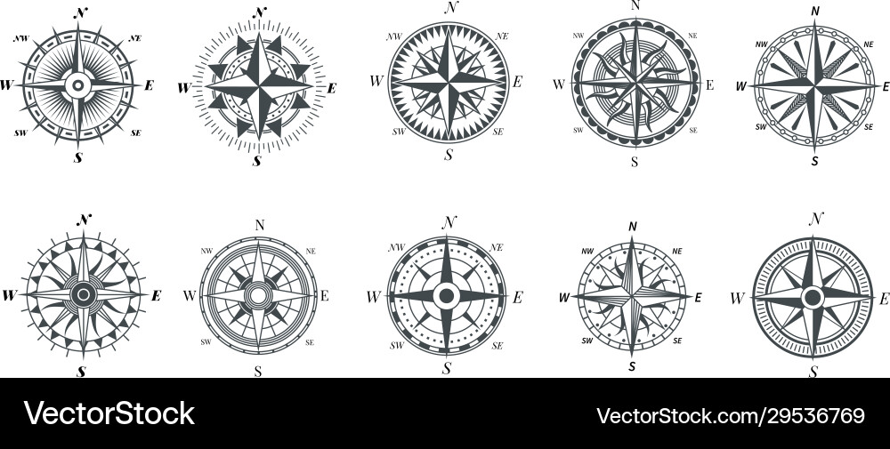Wind rose compass vintage marine compasses Vector Image