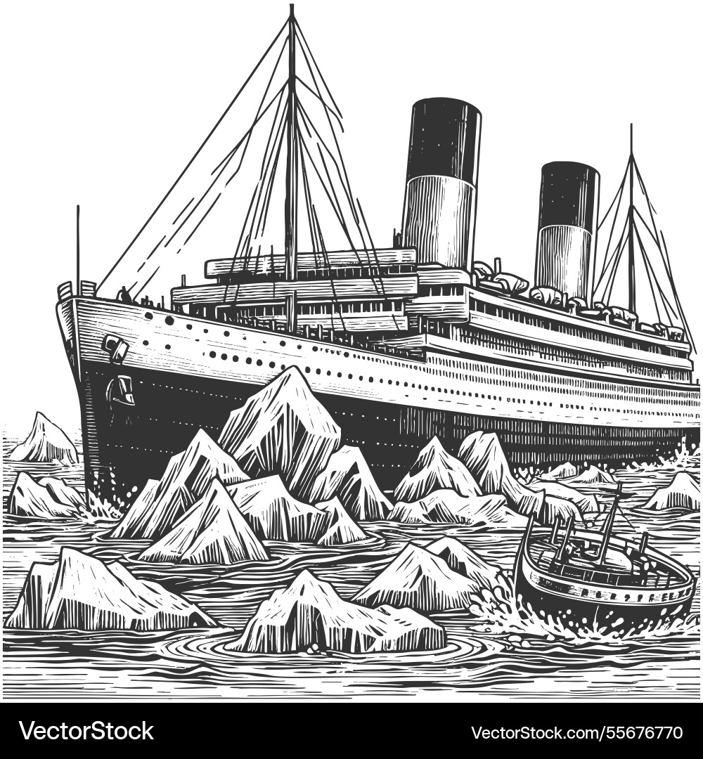 Ocean liner sailing among icebergs engraving Vector Image