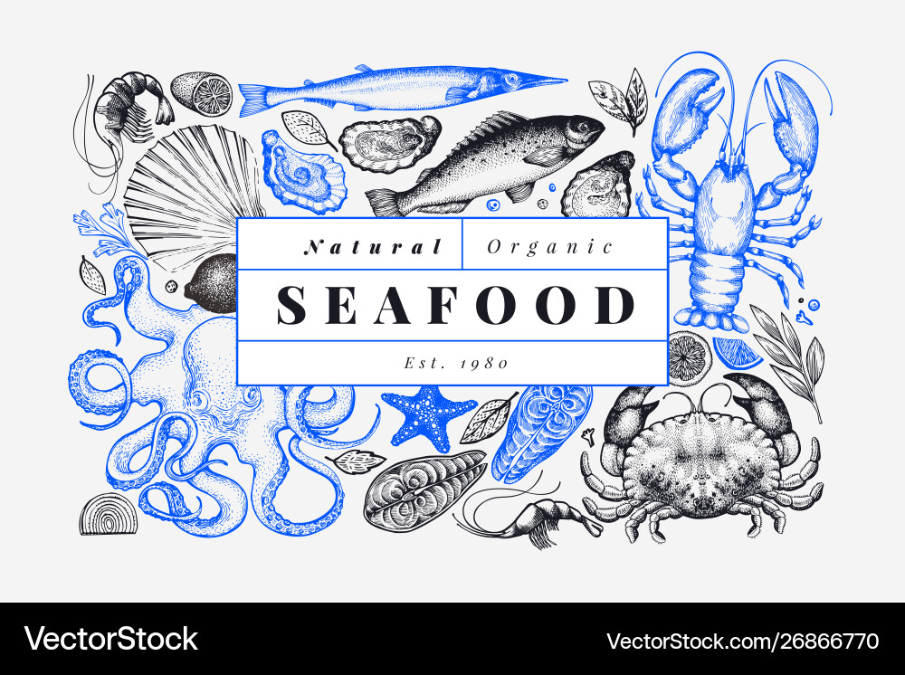 Seafood and fish design template hand drawn food Vector Image
