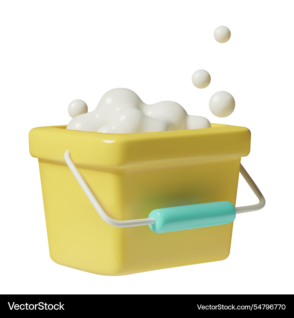 Yellow bucket 3d icon with suds and bubbles Vector Image