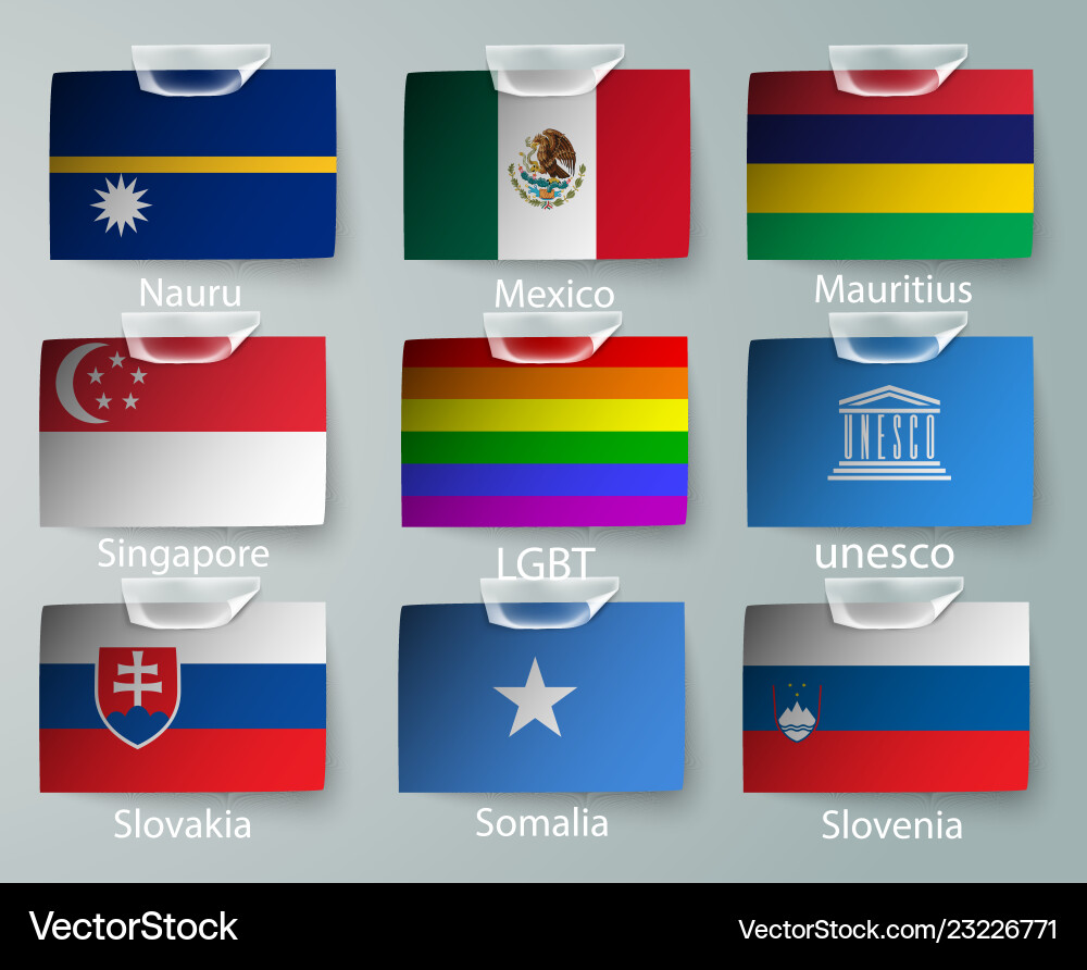Realistic set flags paper countries Royalty Free Vector