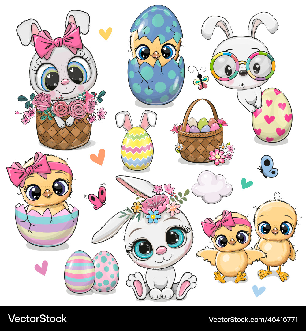 Set with white rabbits and cute cartoon chickens Vector Image