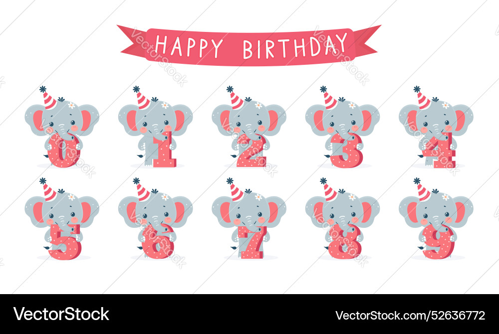 Birthday elephant with numbers from 0 till 9 isol Vector Image