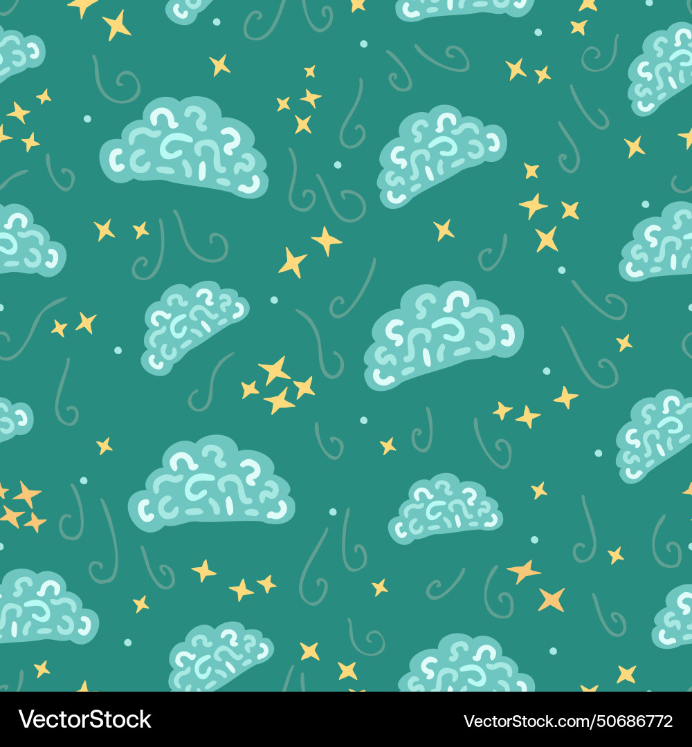 Teal clouds yellow stars and curly lines pattern Vector Image