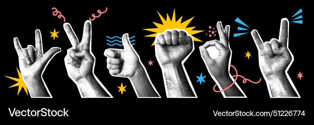 Collage halftone hands gesture arms cutout Vector Image