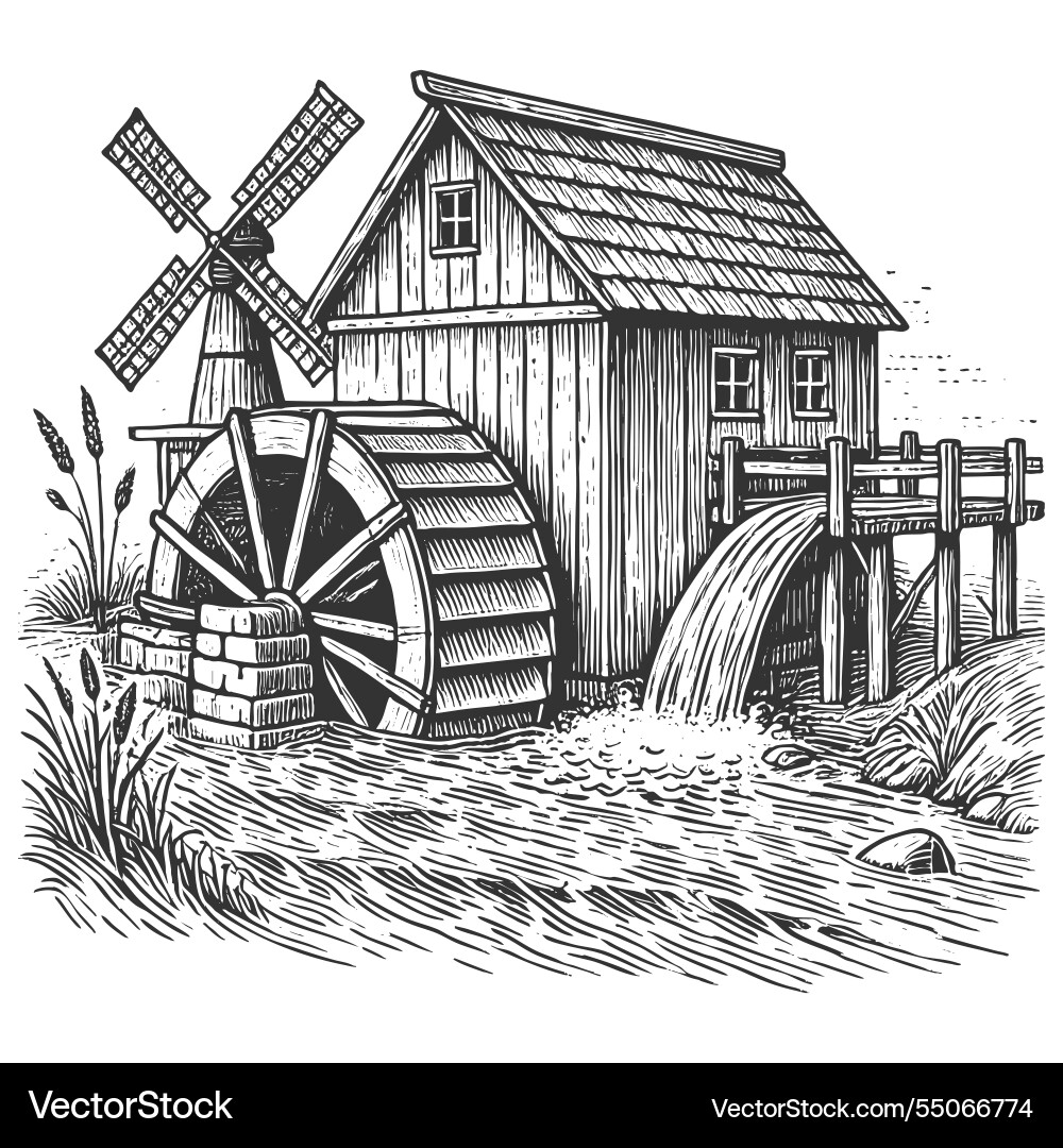 Vintage watermill by a stream Royalty Free Vector Image