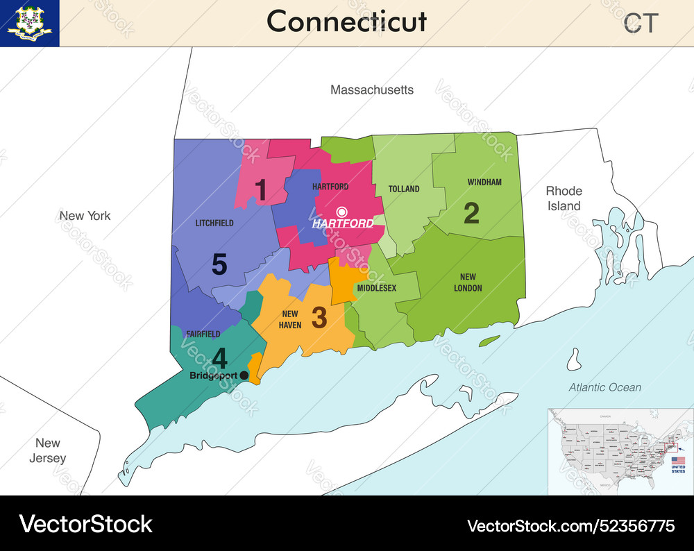 Connecticut state map with counties borders Vector Image