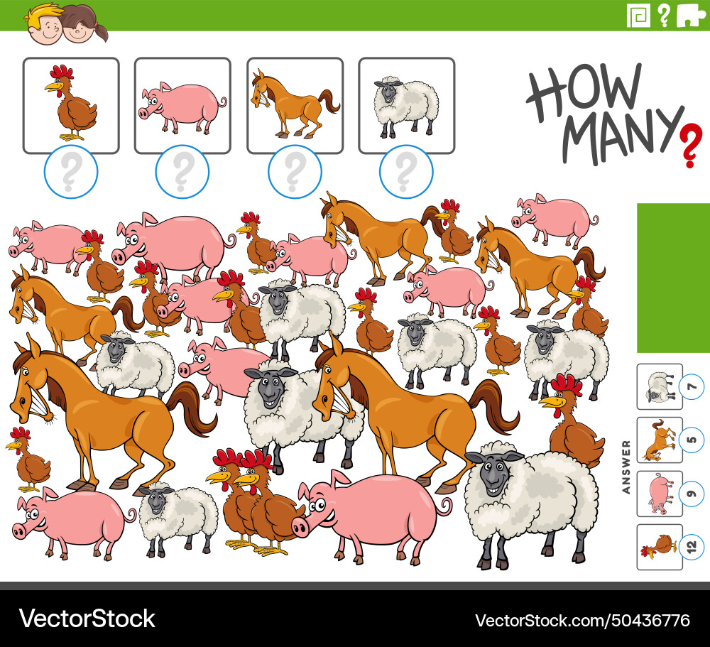How many counting activity with cartoon farm Vector Image