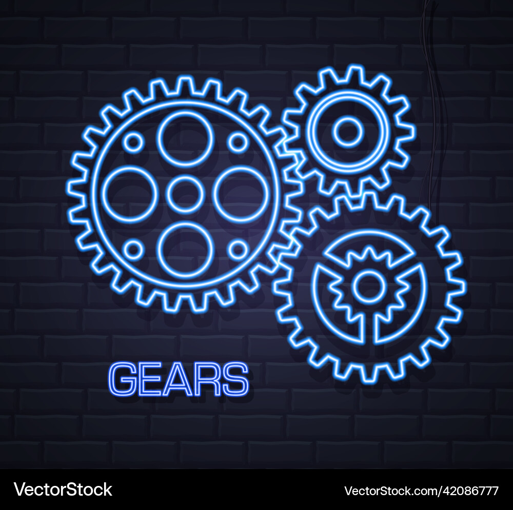 Group of neon gears on dark brick background Vector Image