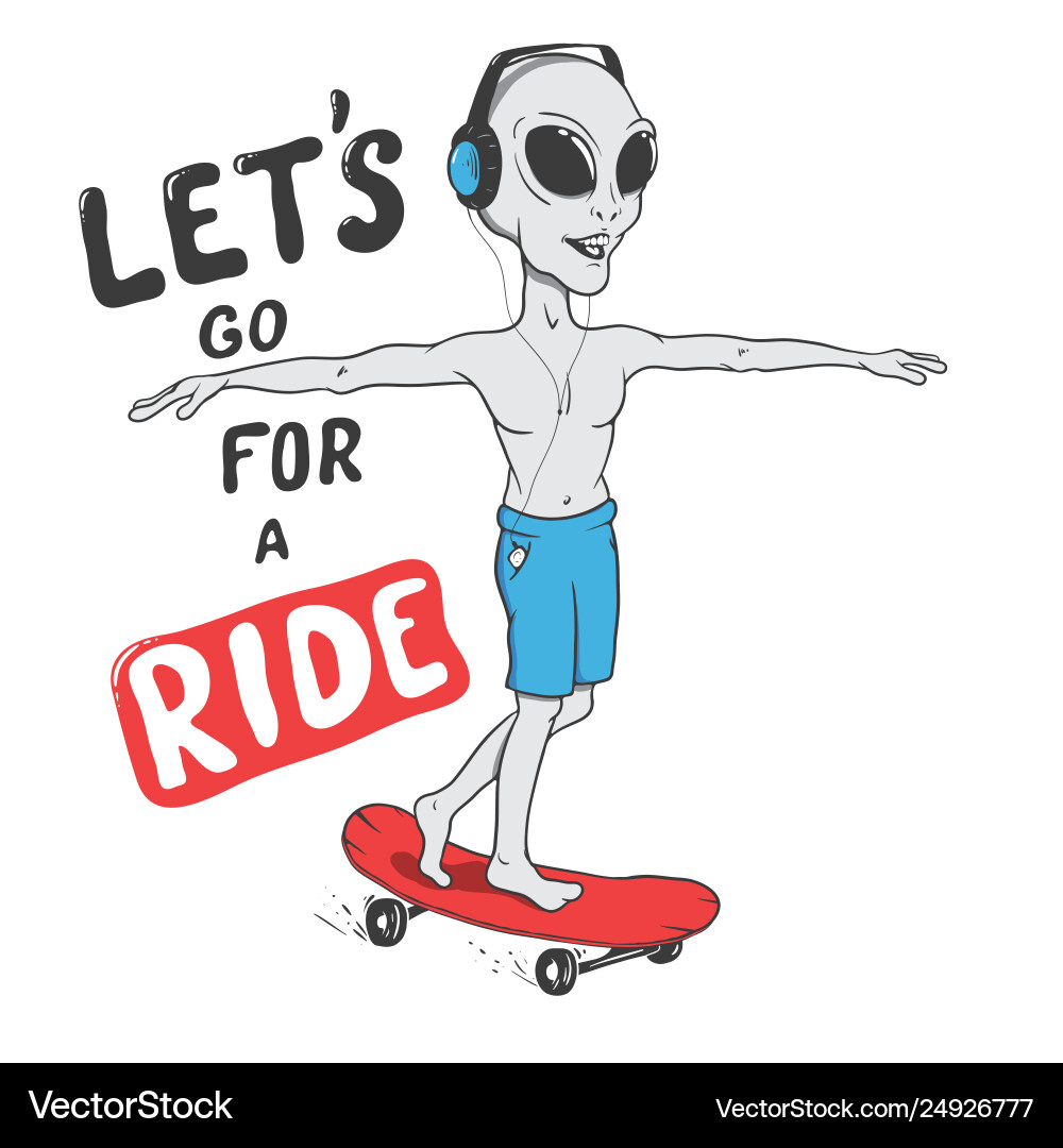 Happy alien rides on skateboard Royalty Free Vector Image
