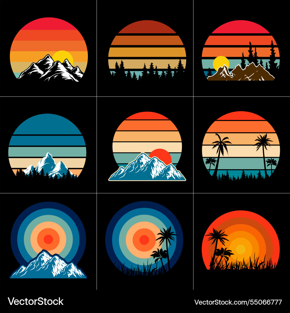 Vintage retro sunset bundle Royalty Free Vector Image