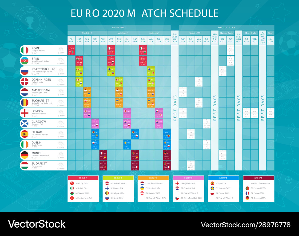 Euro 2020 match schedule Royalty Free Vector Image