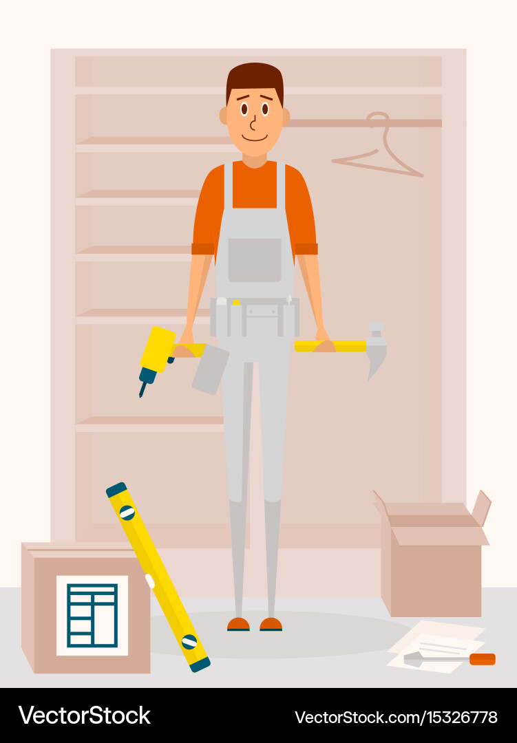 Furniture assembly service man cartoon Royalty Free Vector