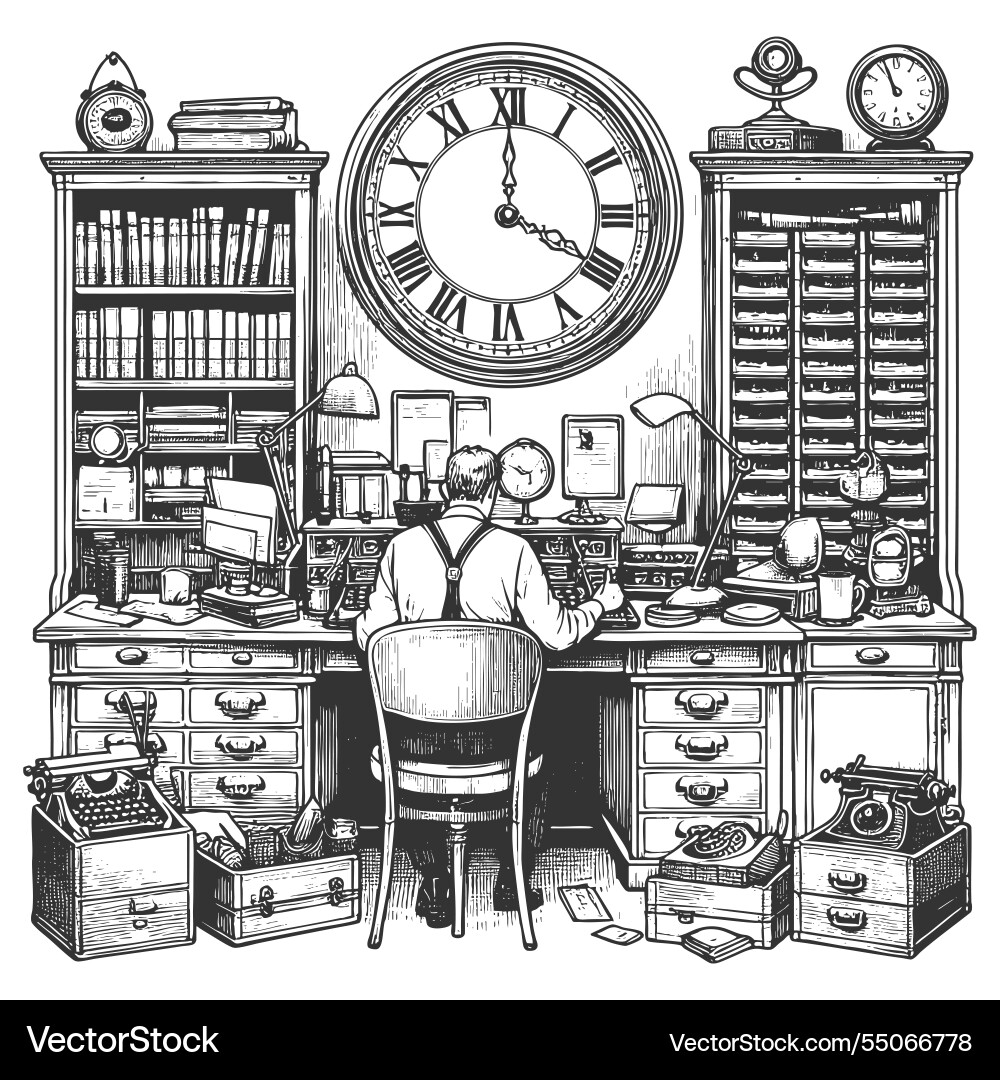 Vintage office workspace with clock Royalty Free Vector