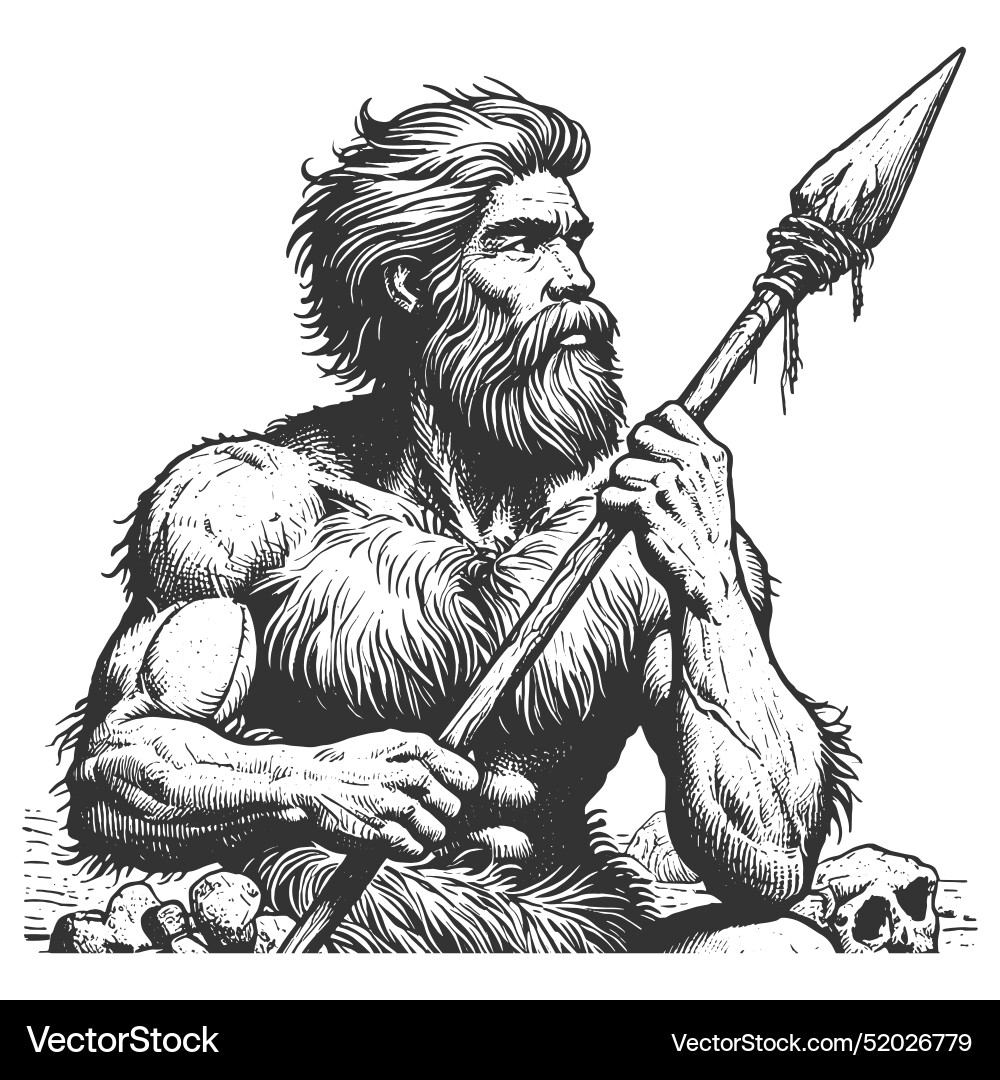 Prehistoric caveman with spear engraving Vector Image