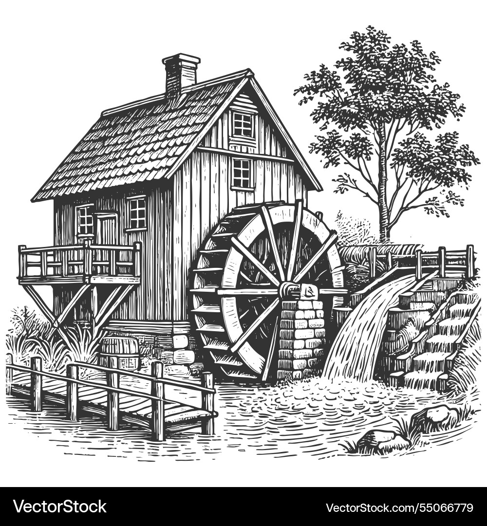 Vintage watermill by a stream Royalty Free Vector Image