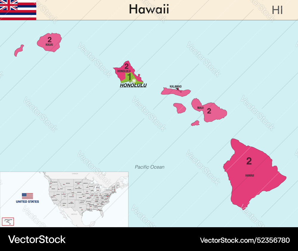Hawaii state map with counties names and colored Vector Image