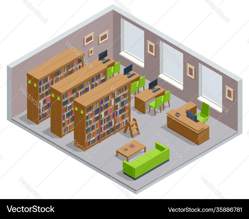 Isometric bookshelves in library books Royalty Free Vector