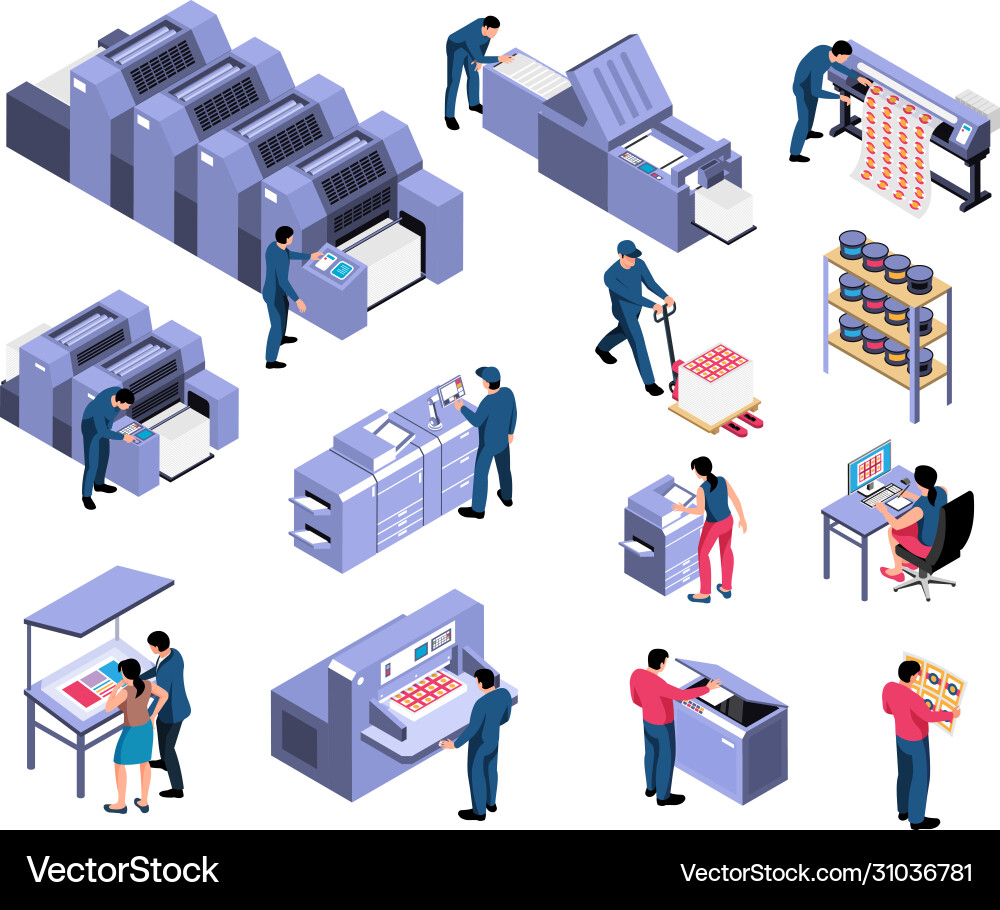 Polygraphy isometric icons set Royalty Free Vector Image