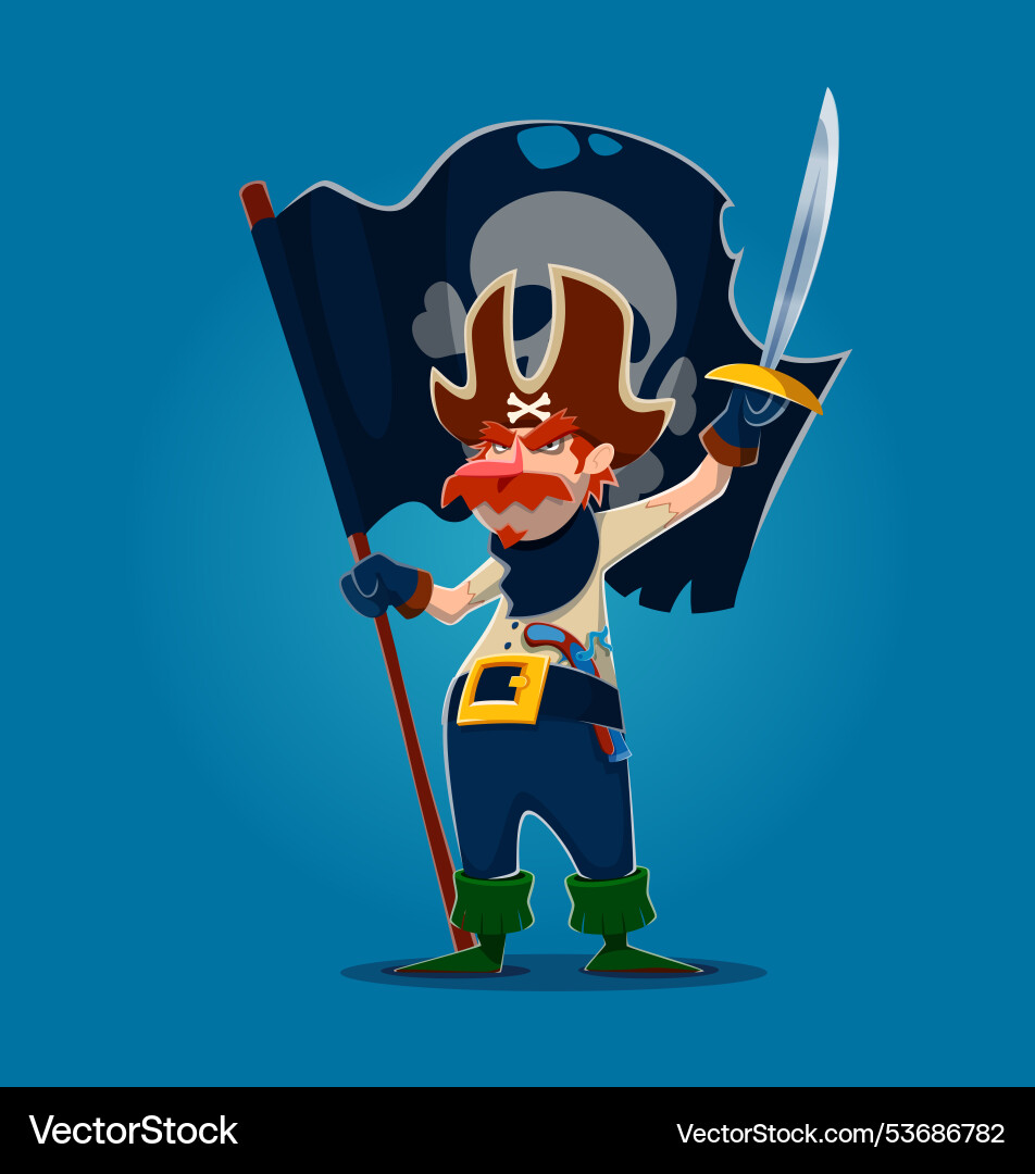 Cartoon pirate captain character with black flag Vector Image