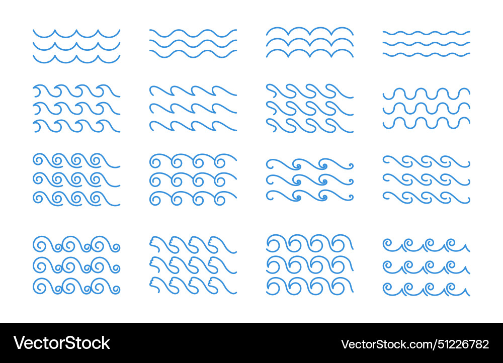 Water waves wavy line border doodle curved river Vector Image