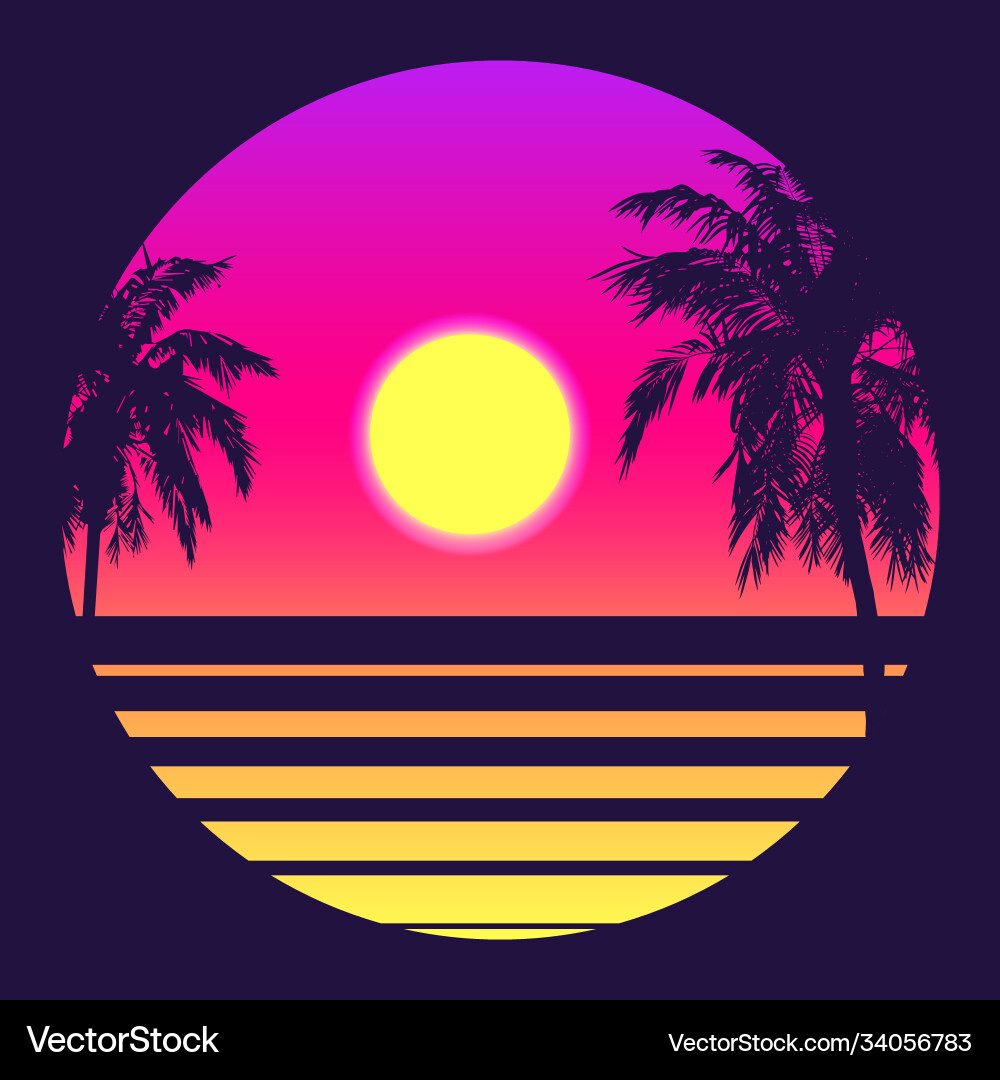 Retro 80s style tropical sunset with palm tree Vector Image