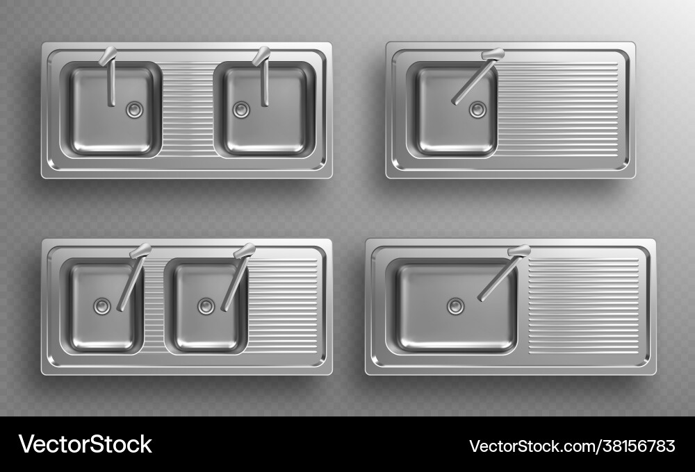 Stainless kitchen sinks with faucets in top view Vector Image
