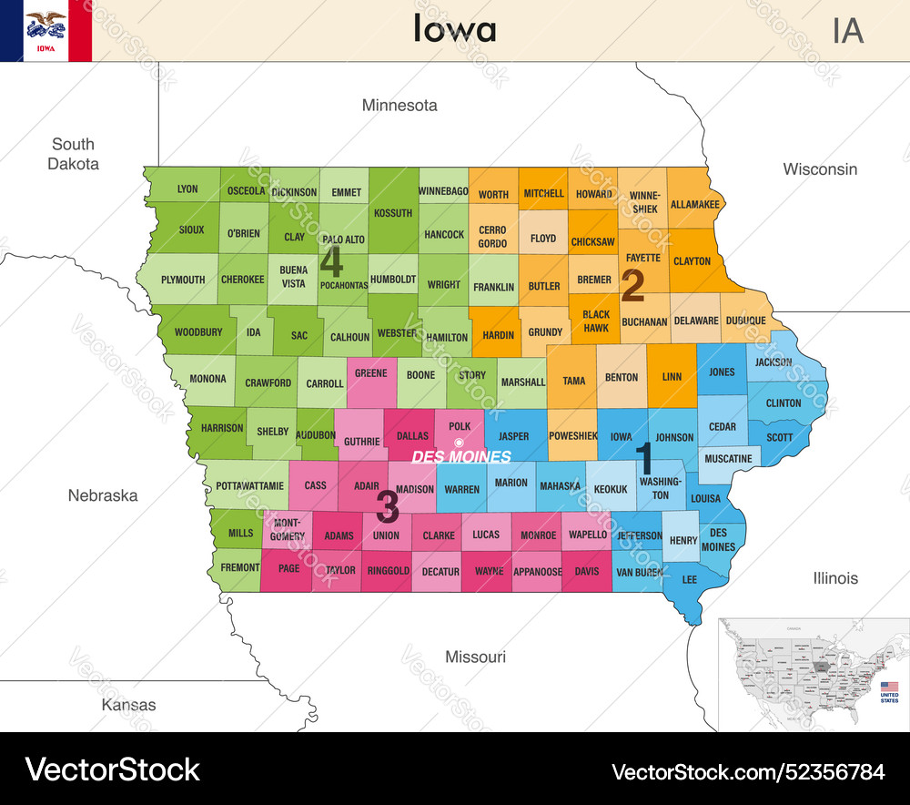 Iowa state map with counties borders and colored Vector Image