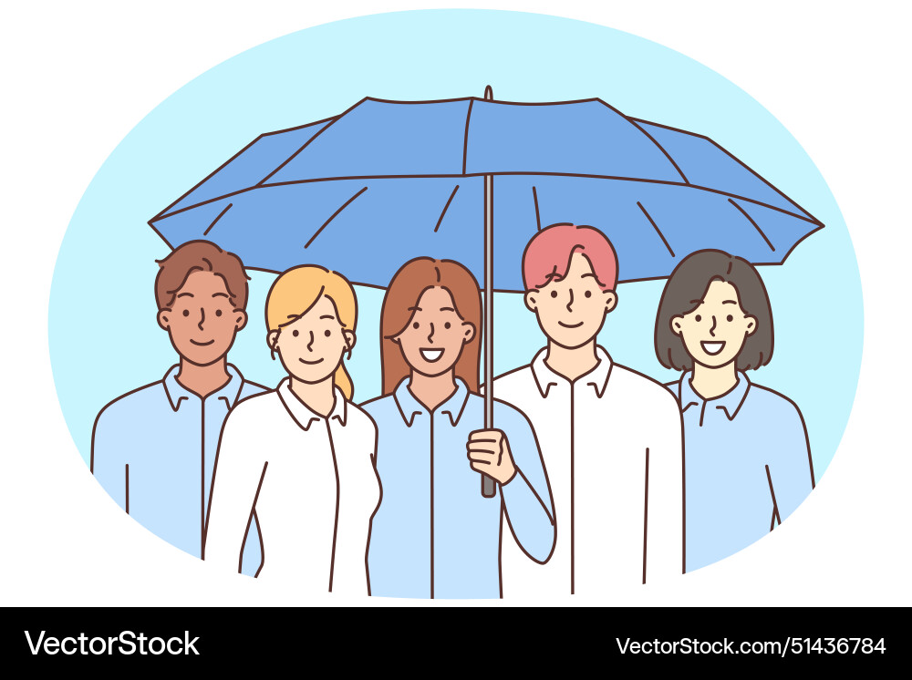 Smiling employees stand together under umbrella Vector Image